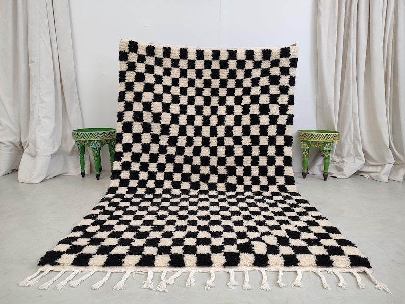 Custom Checkered Berber Rug – Modern Black & White Moroccan Wool Carpet ...