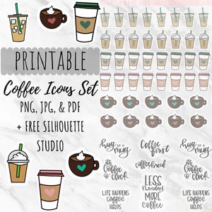 PRINTABLE | Planner Stickers - Print & Cut Coffee Icons, Happy Planner ...