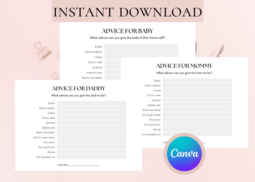 Baby Shower Advice Cards: Mommy, Daddy, Baby (printable Canva Template ...