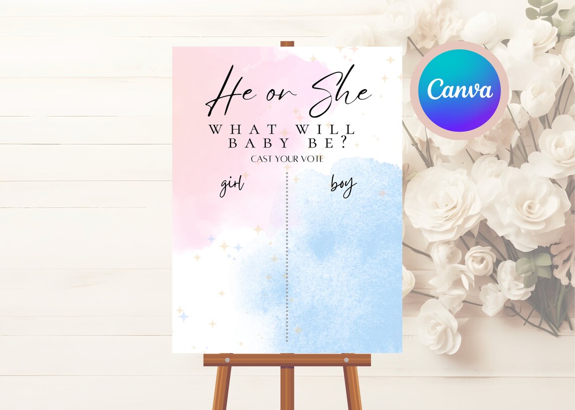 He or She Pink and Blue Gender Reveal Poster 18x24 Canva Template ...