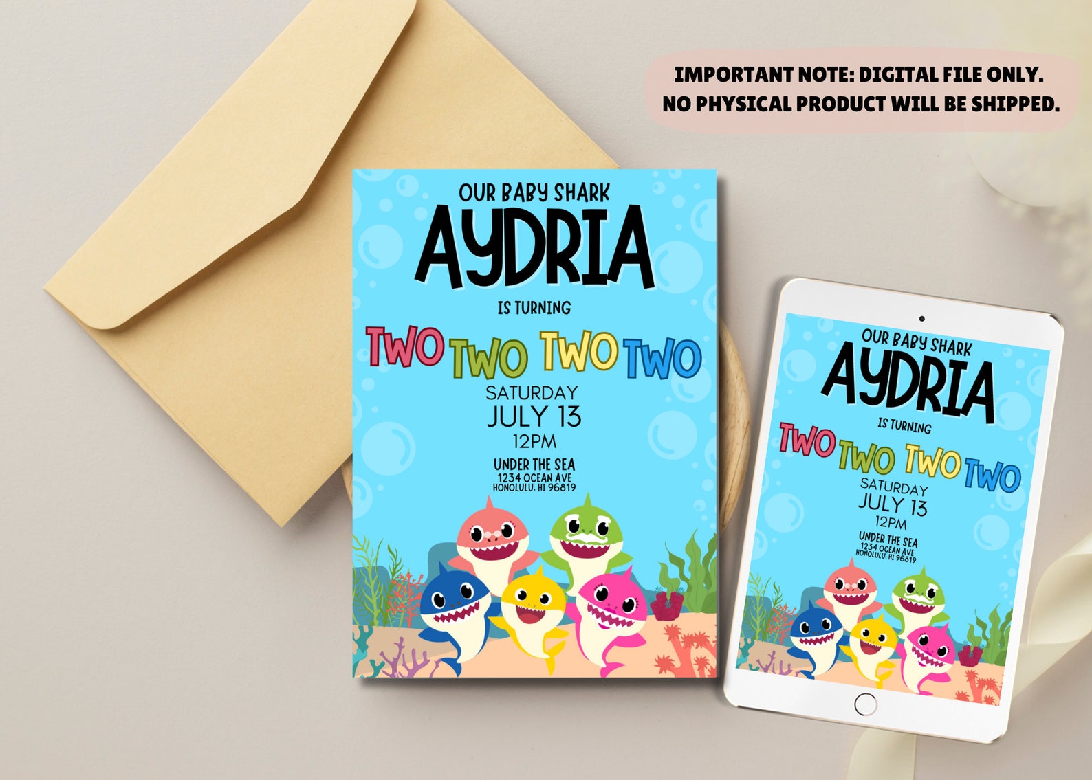 Baby Shark Two Two Two Birthday Party Invitation Digital Invite ...