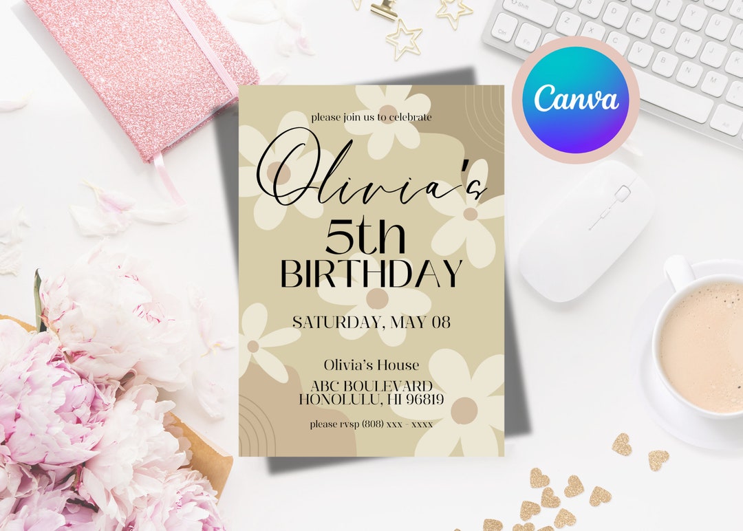 Daisy Neutral Birthday Invitation Daisy Theme Canva Template DIY ...