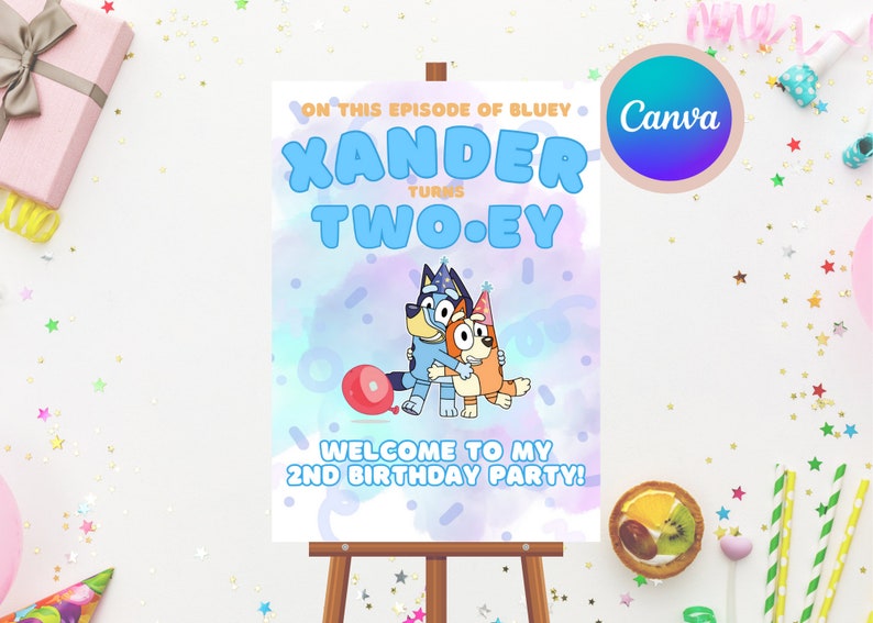 Bluey Twoey Welcome Sign Birthday Party Pastel Digital Canva Template ...