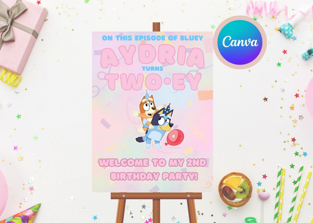 Bluey Twoey Welcome Sign Birthday Party Pastel Digital Canva Template ...