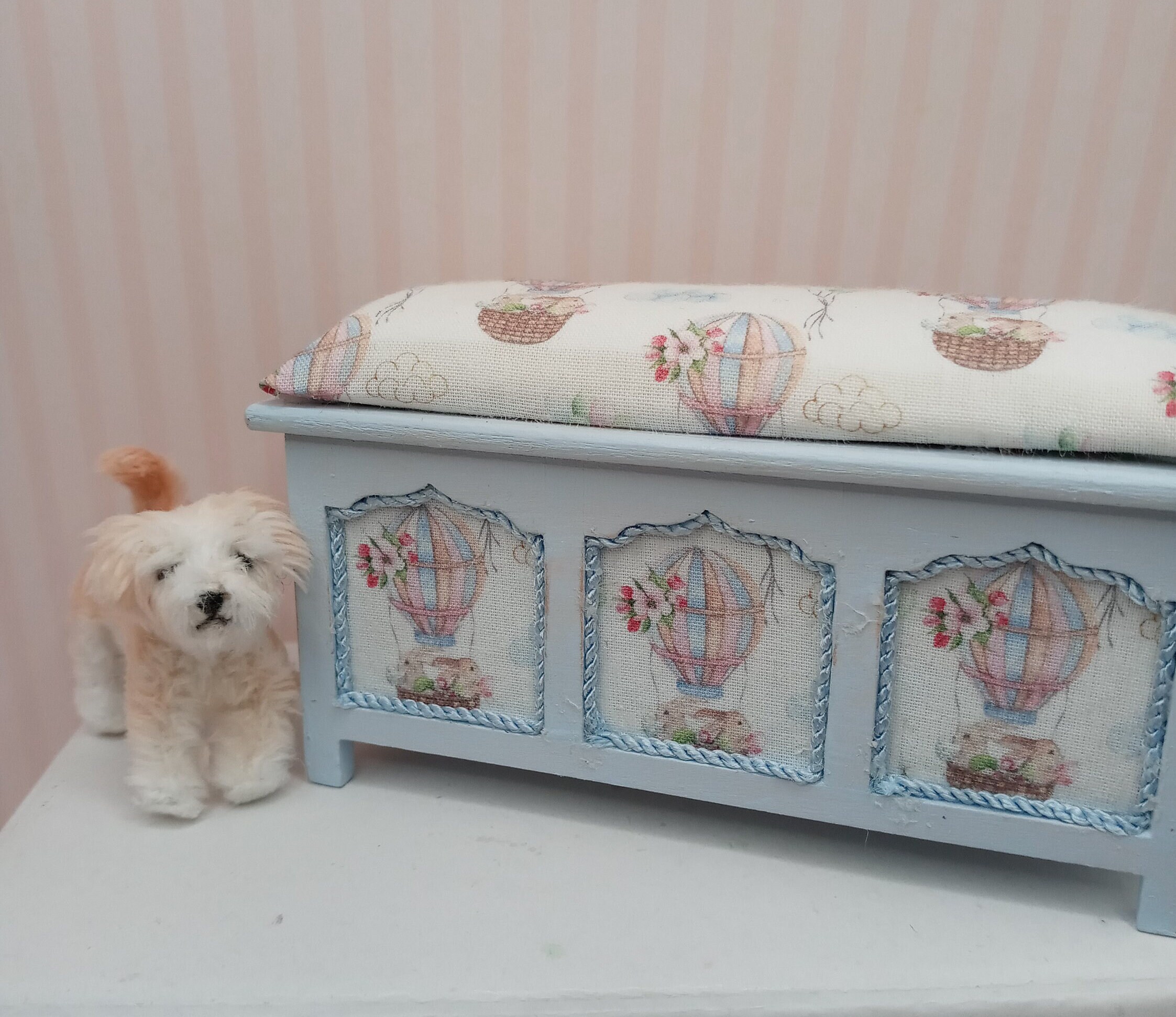 A Delightful Dollhouse Bench in Blue With Balloon White, Blue and Pink ...