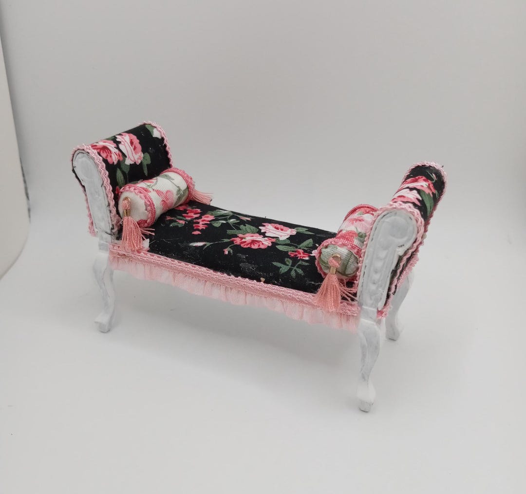 An Elegant Dollhouse Bench in Pink and Black Rose Pattern. Artisan Make ...