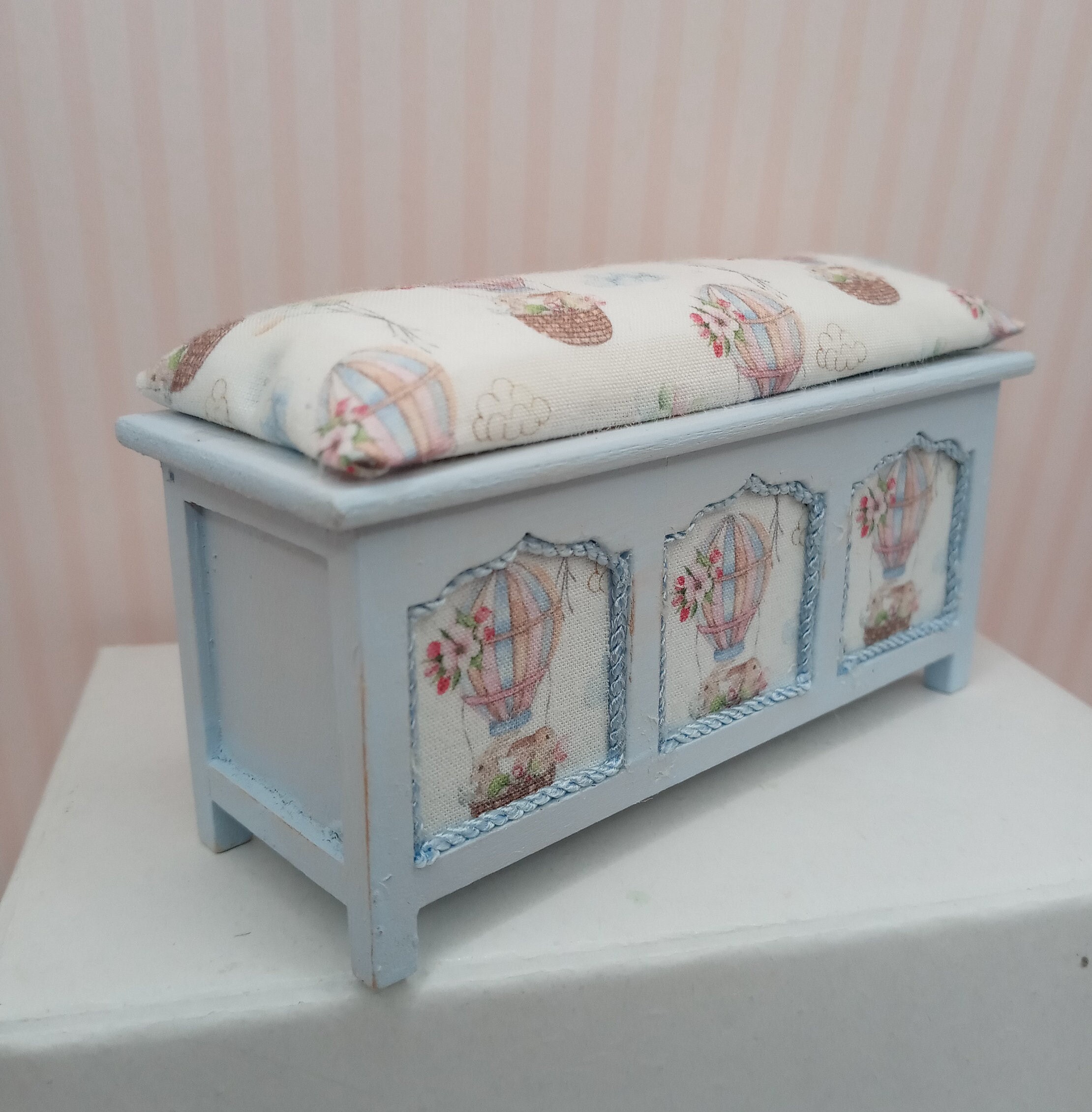 A Delightful Dollhouse Bench in Blue With Balloon White, Blue and Pink ...