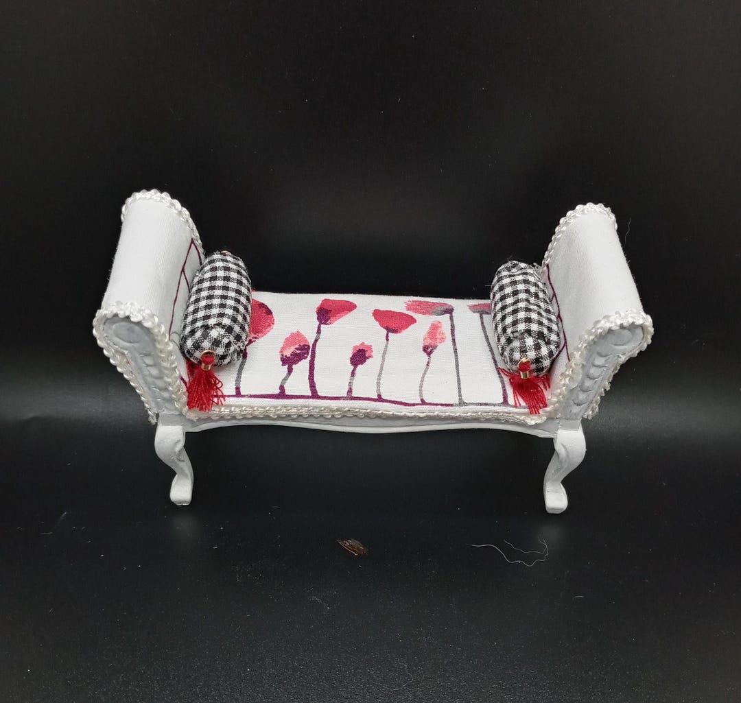 A 1;12 Scale Dollhouse Bench With Pink Flowers and Black and White ...
