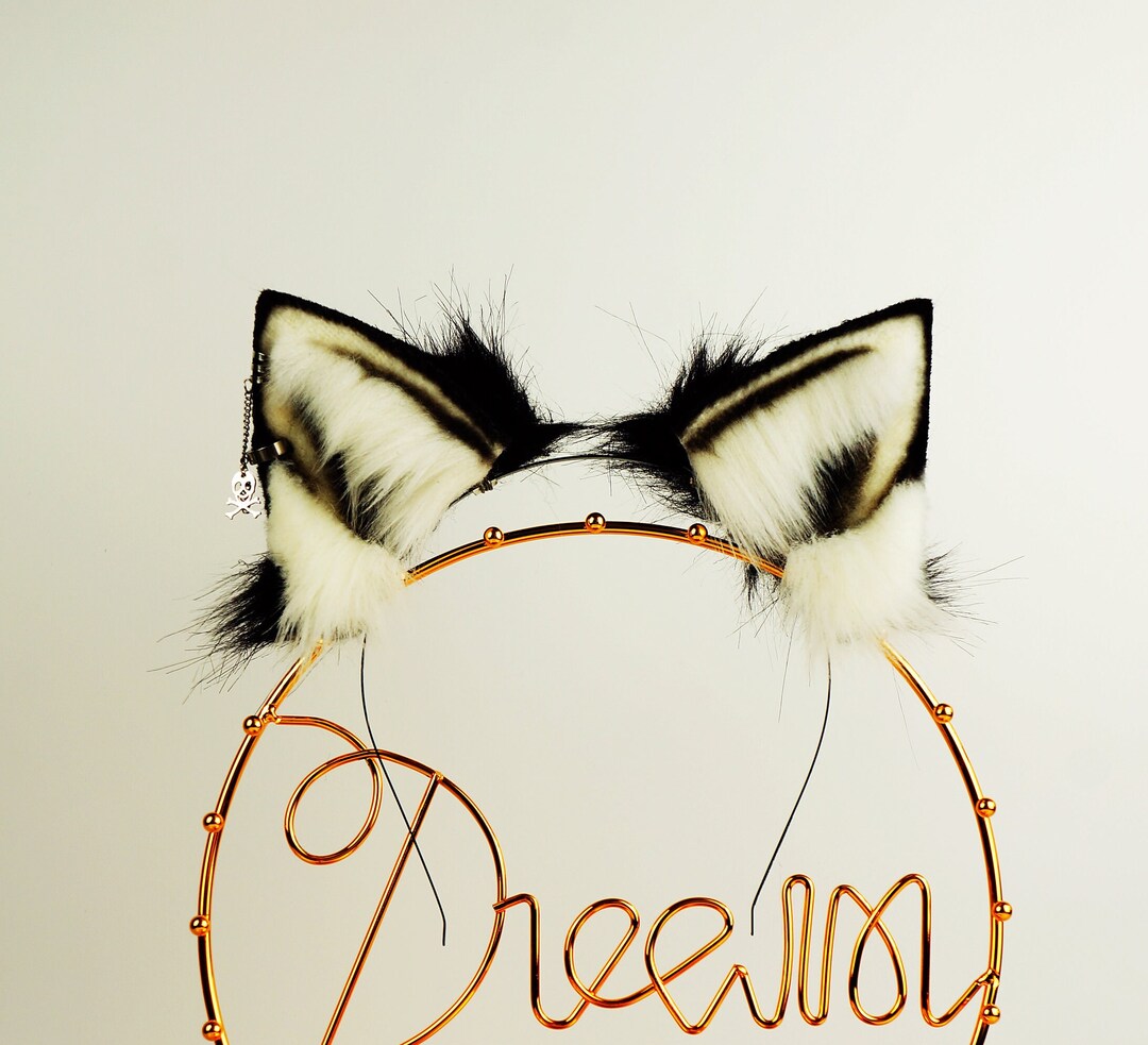 Black White Cat Ear and Tail Set Faux Fur Ear Wolf Tail and Ear Set ...