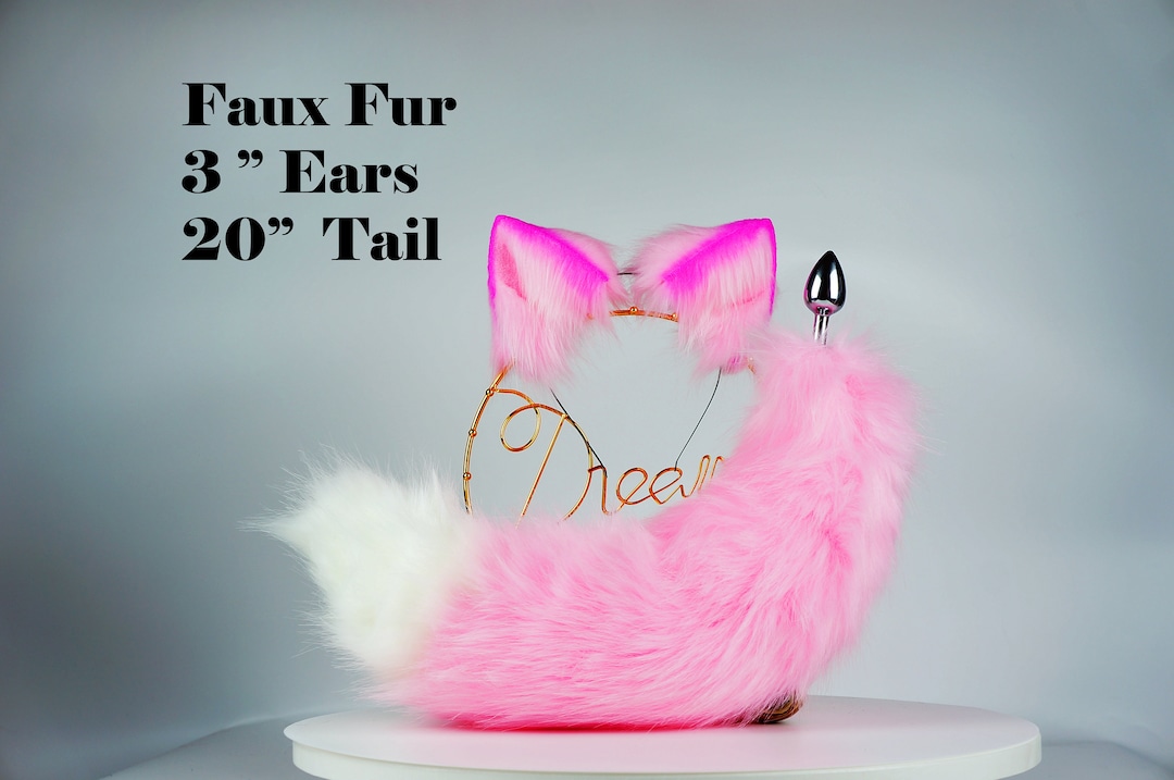 Pink White Cat Ear and Tail Set Faux Fur Ear Wolf Tail and Ear Set ...