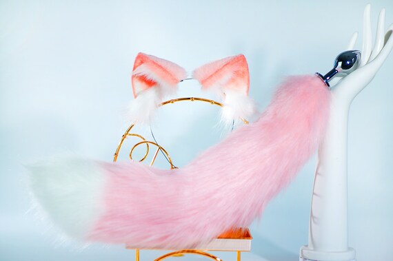Pink and White Faux Fur Curvy Fox Tail Plug Ear and Tail Plug - Etsy ...