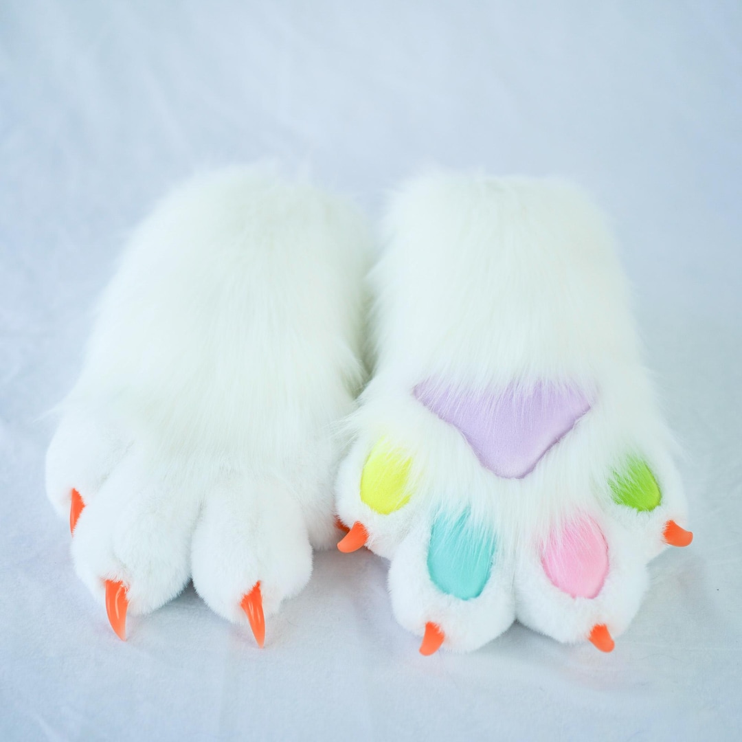 White Furry Hand Paws With Rainbow Pad | Fluffy Fursuit Partial Costume ...