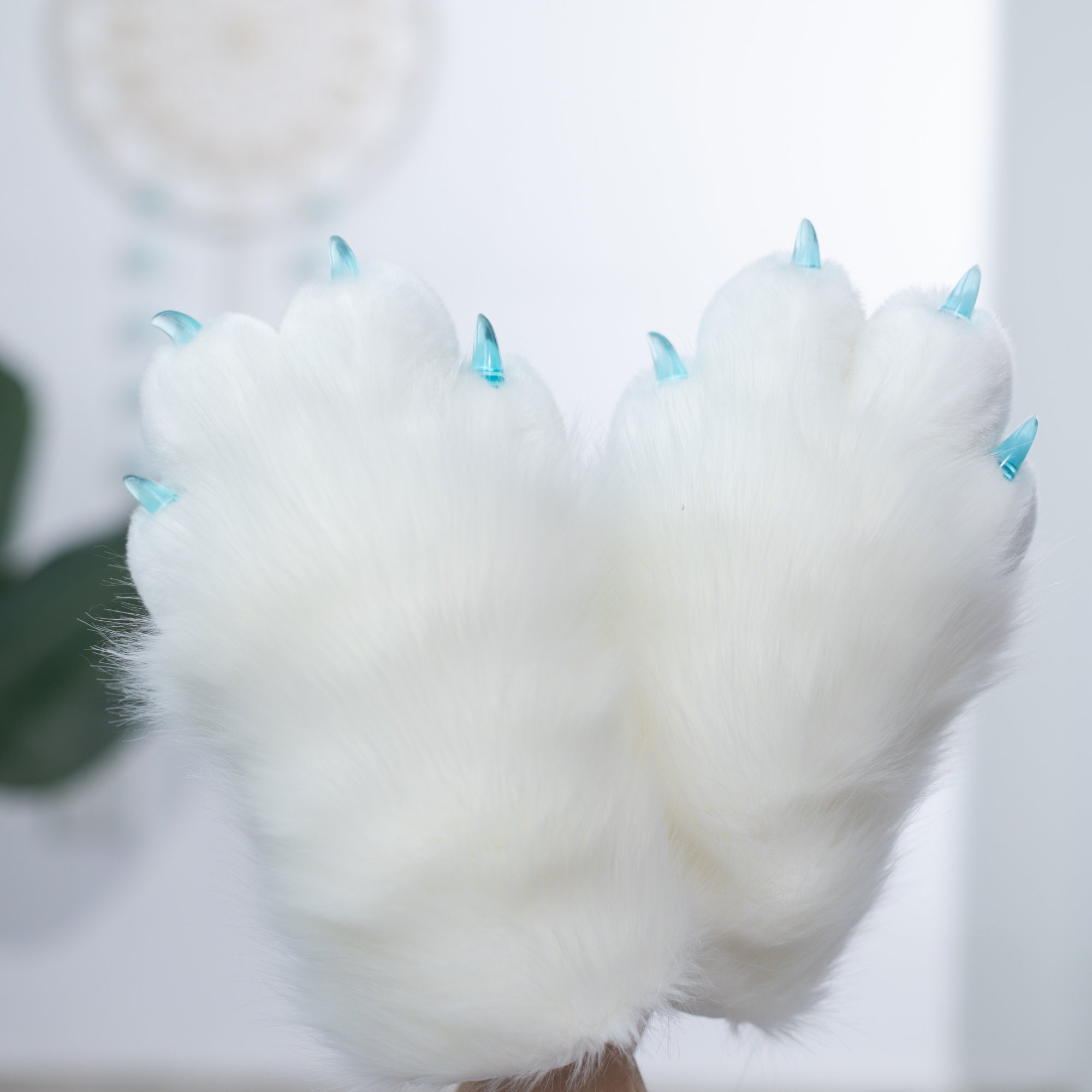 Handmade Cream-blue Cat Paw Cosplay Gloves - Faux Fur Fluffy Kitten ...