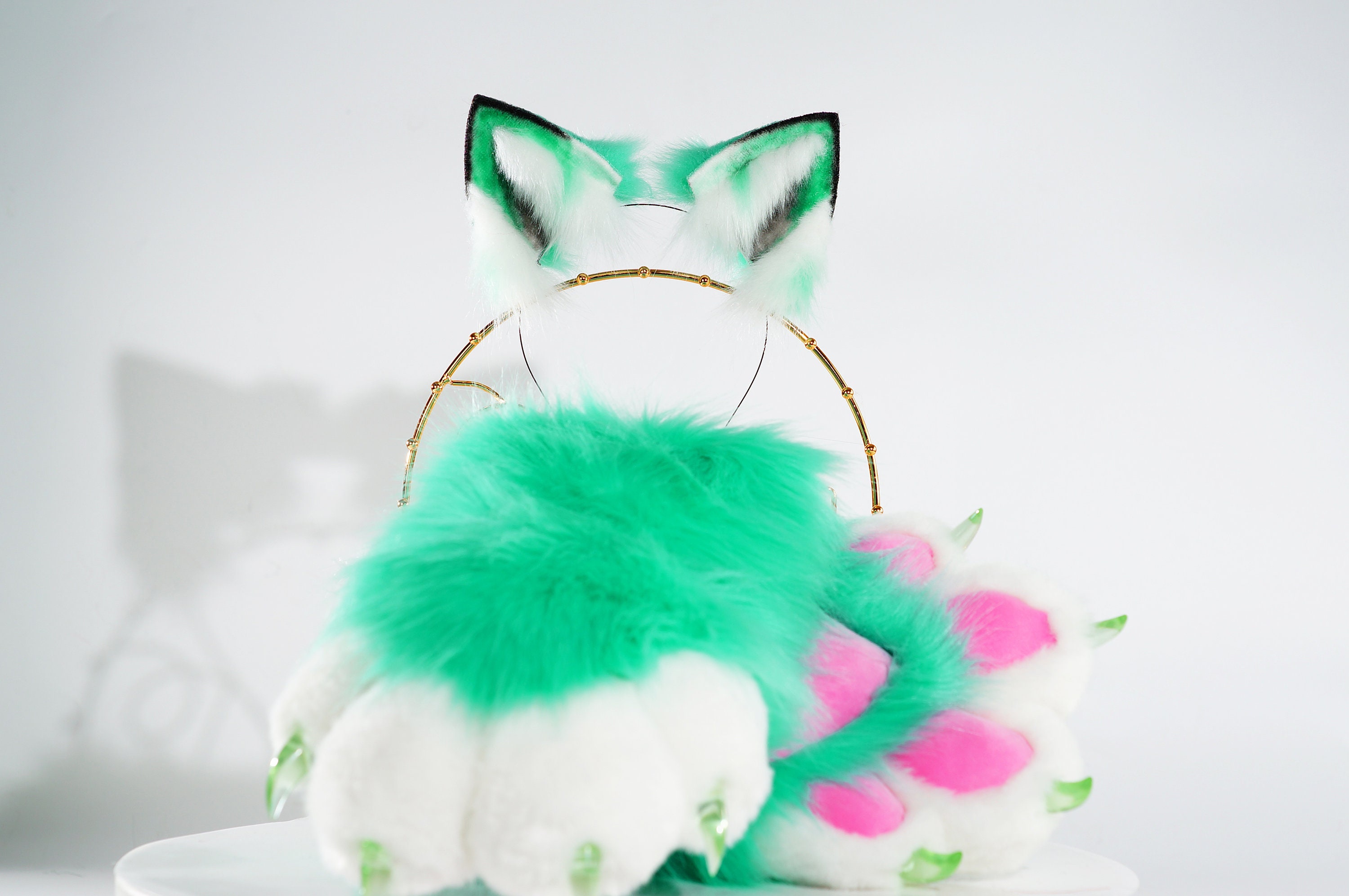Turquoise Fox Ear Tail Paw Fursuit Set Petplay Cat Cosplay Set - Etsy ...