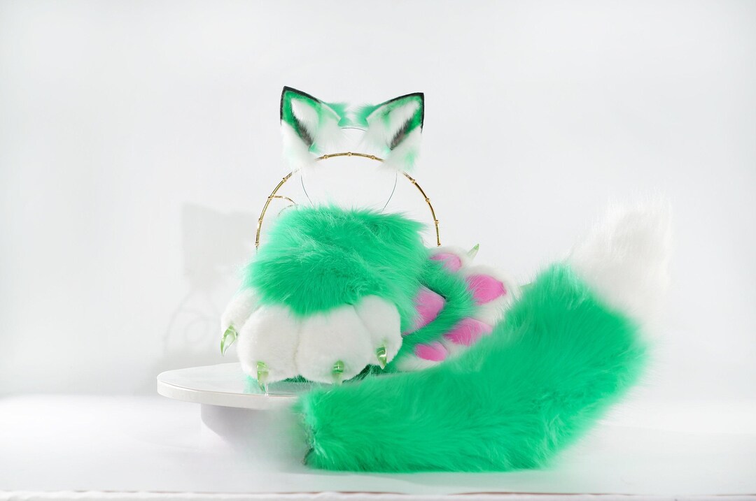Turquoise Fox Ear Tail Paw Fursuit Set Petplay Cat Cosplay Set Tail ...
