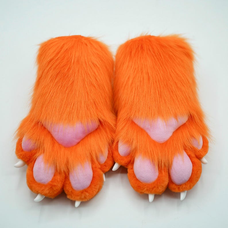 Orange Furry Hand Paws 4-finger Gloves | Fluffy Fursuit Partial Costume ...