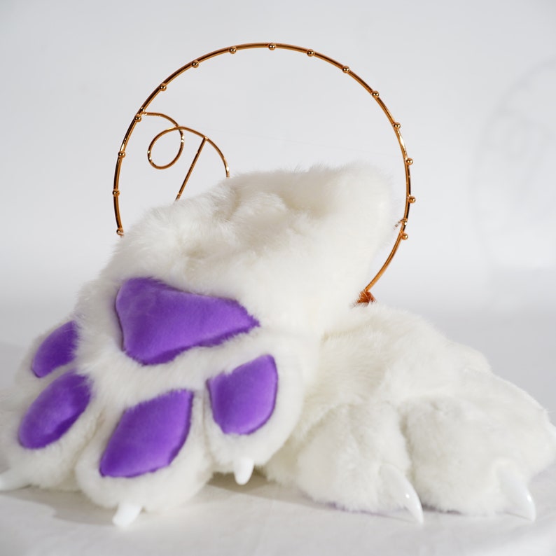 White and Purple Wolf Paw Gloves, Fluffy Kitten Fursuit Paws, Fox Paw ...