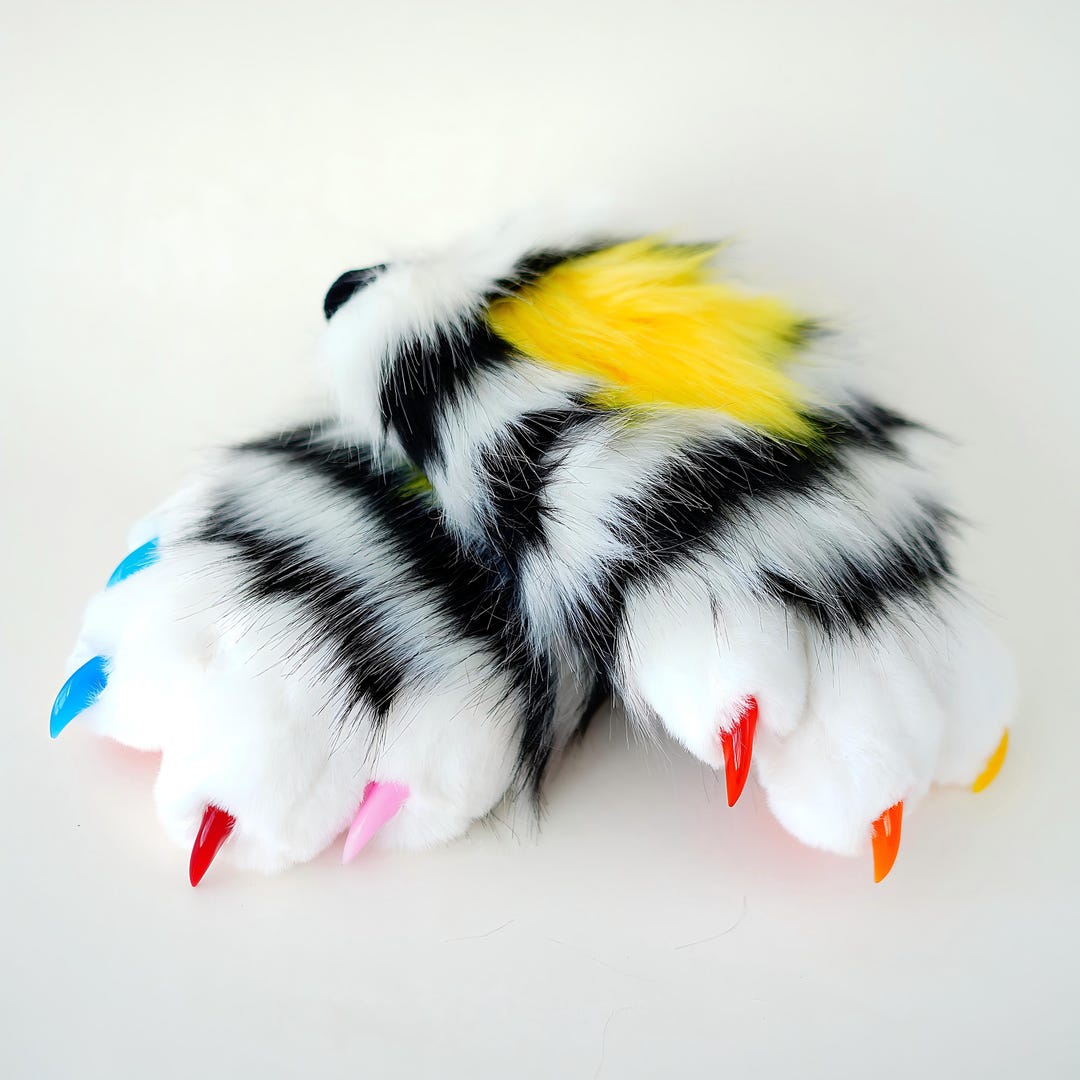 Rainbow Striped Faux Fur Handpaws, Furry Costume Animal Paw Gloves ...