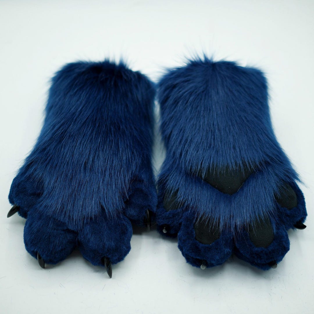 Navy Blue Furry Hand Paws 4-fingers Gloves | Fluffy Fursuit Partial ...