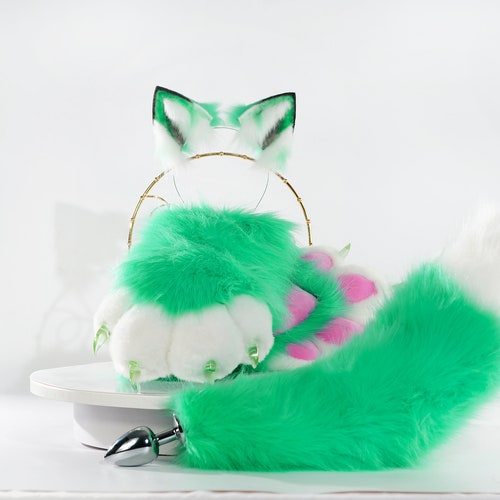 Turquoise Fox Ear Tail Paw Fursuit Set Petplay Cat Cosplay Set - Etsy UK