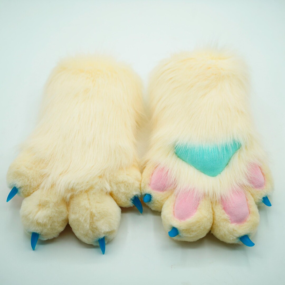 Cream Furry Hand Paws 4-finger Gloves Fluffy Fursuit Partial Costume ...