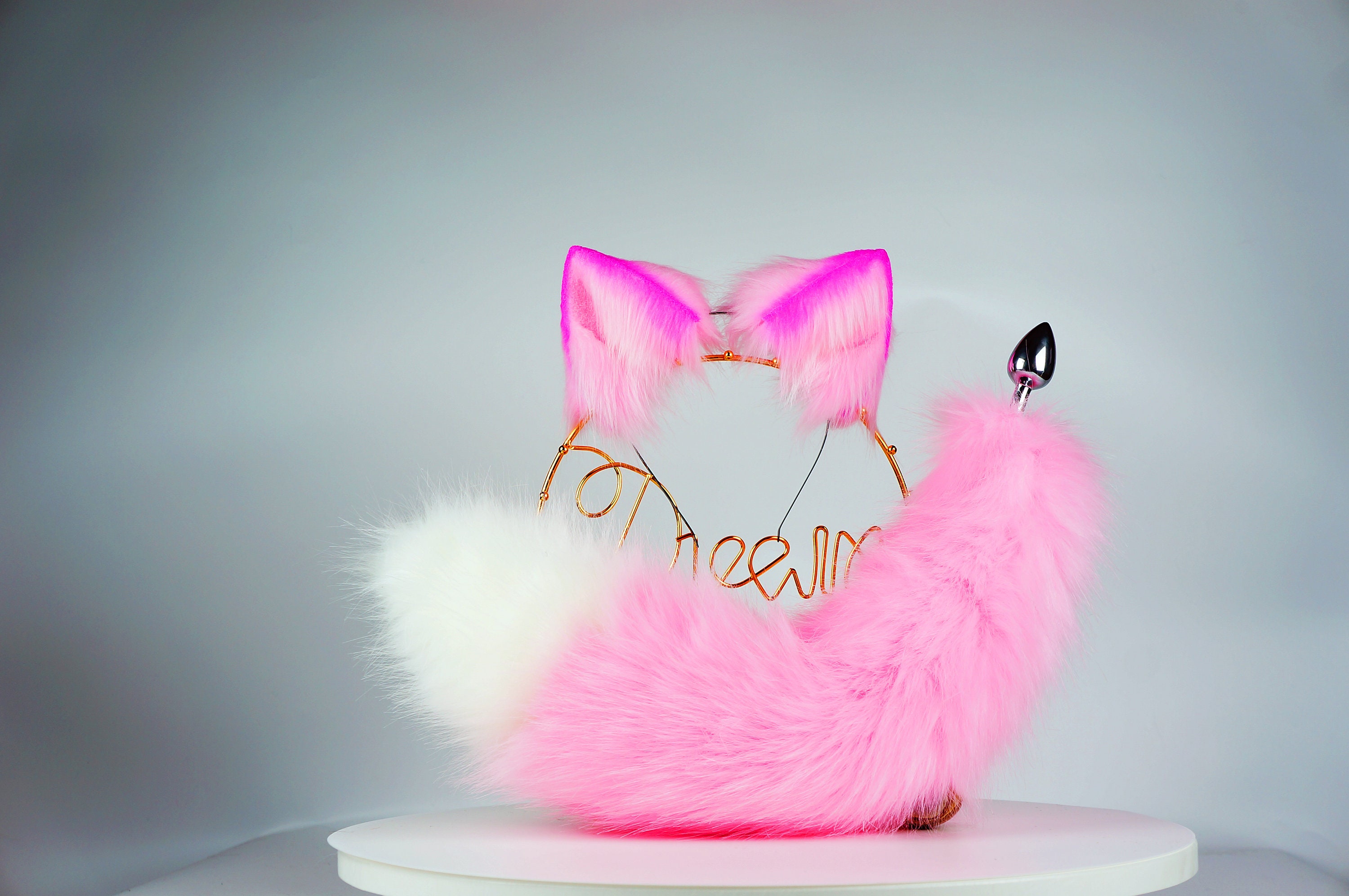 Pink White Cat Ear and Tail Set Faux Fur Ear Wolf Tail and Ear - Etsy