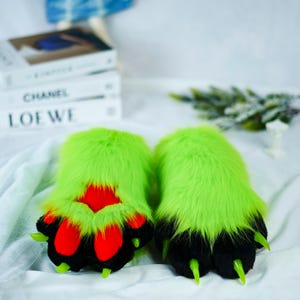 Lime Green With Red Stars Fursuit Paws, Kemono Fursuit Hand Paws, Furry ...
