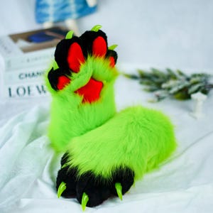 Lime Green With Red Stars Fursuit Paws, Kemono Fursuit Hand Paws, Furry ...
