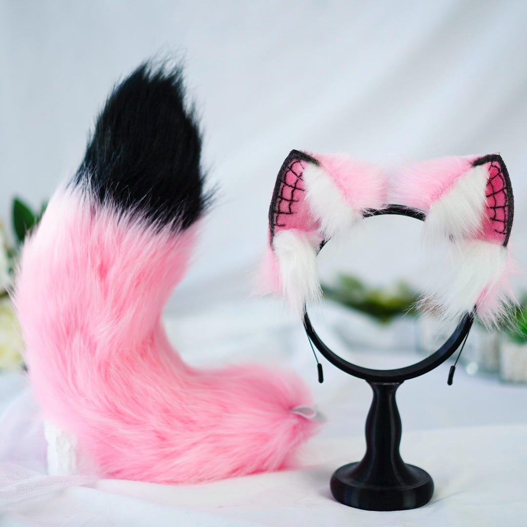 Cute Pink Cat Ears With Spiders Web and Tail Set, Custom Furry Cosplay ...