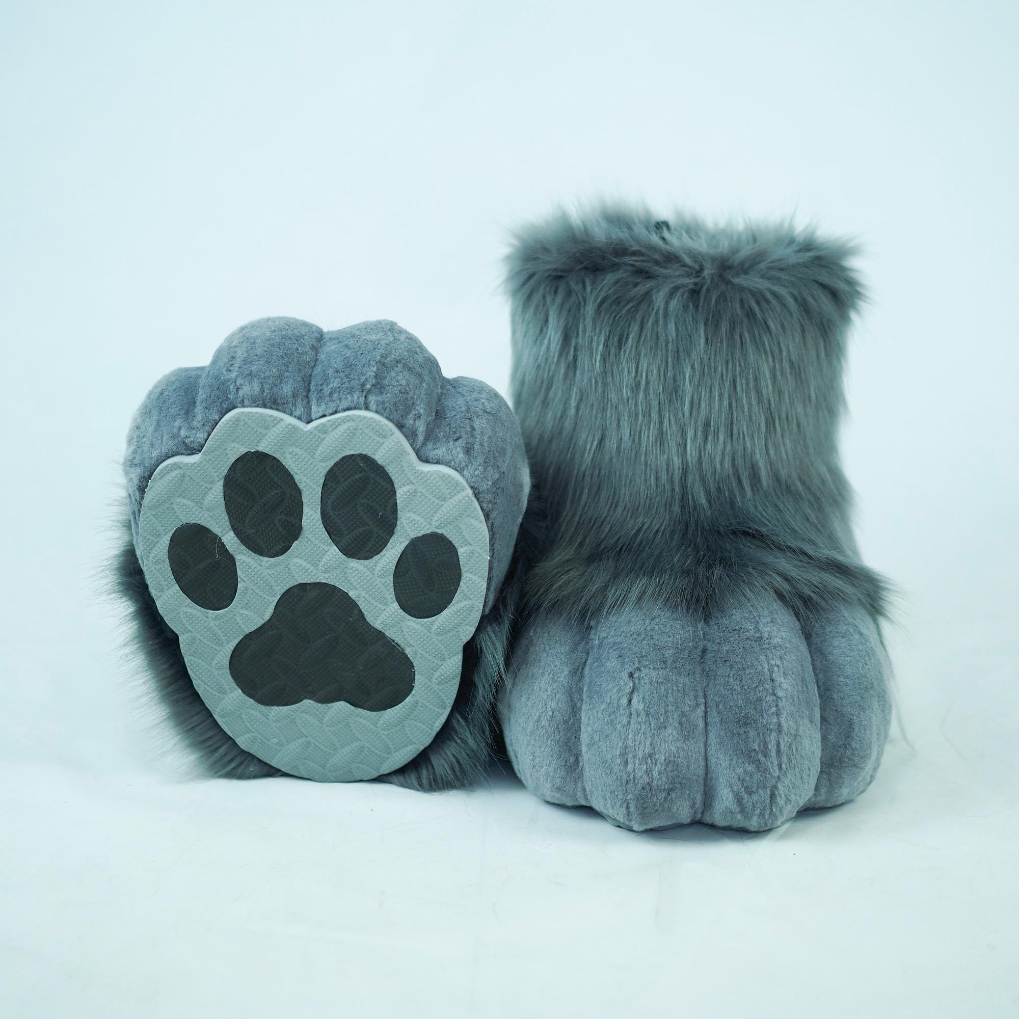 Fursuit Grey Feet Paws Outdoor Shoes | Soft Faux Fur Paw Slippers With ...