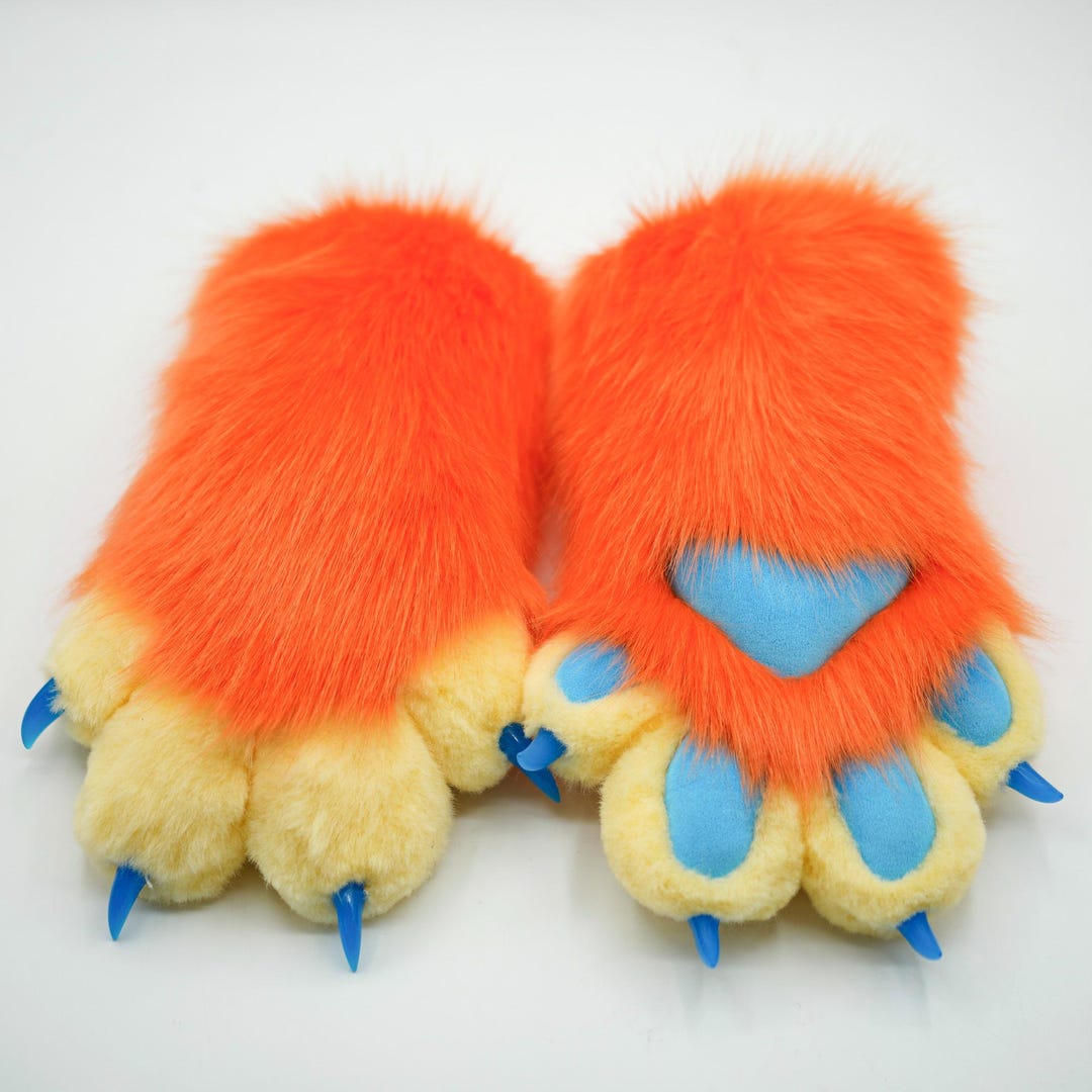 Orange&cream Furry Hand Paws 4-finger Gloves | Fluffy Fursuit Partial ...