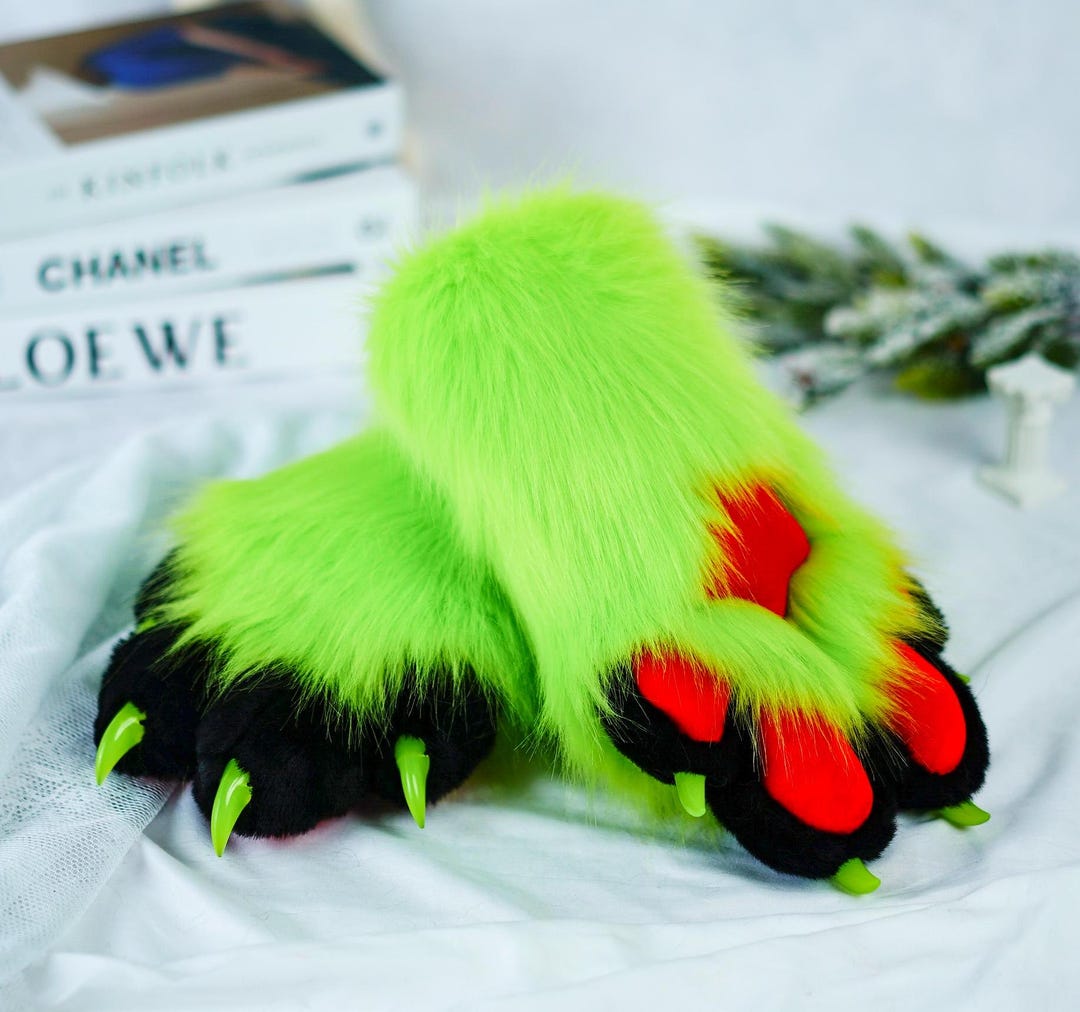 Lime Green With Red Stars Fursuit Paws, Kemono Fursuit Hand Paws, Furry ...