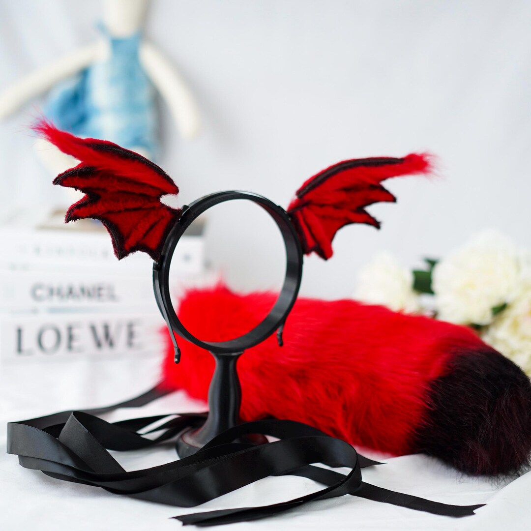 Red Devil Wing Ears Headband and Tail Set,unique Cosplay Accessory ...