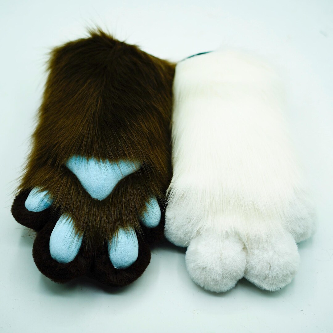 Furry White&brown Hand Paws | Fluffy Soft Fursuit 4-finger Gloves ...