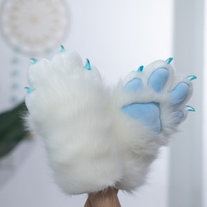 Handmade Cream-blue Cat Paw Cosplay Gloves - Faux Fur Fluffy Kitten ...
