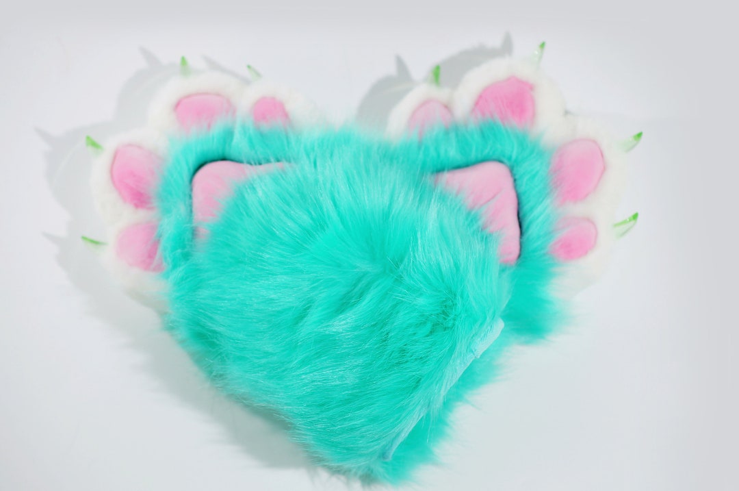 Mint Green Cat Paws Gloves Realistic Faux Fur Fluffy Kitten Fursuit ...