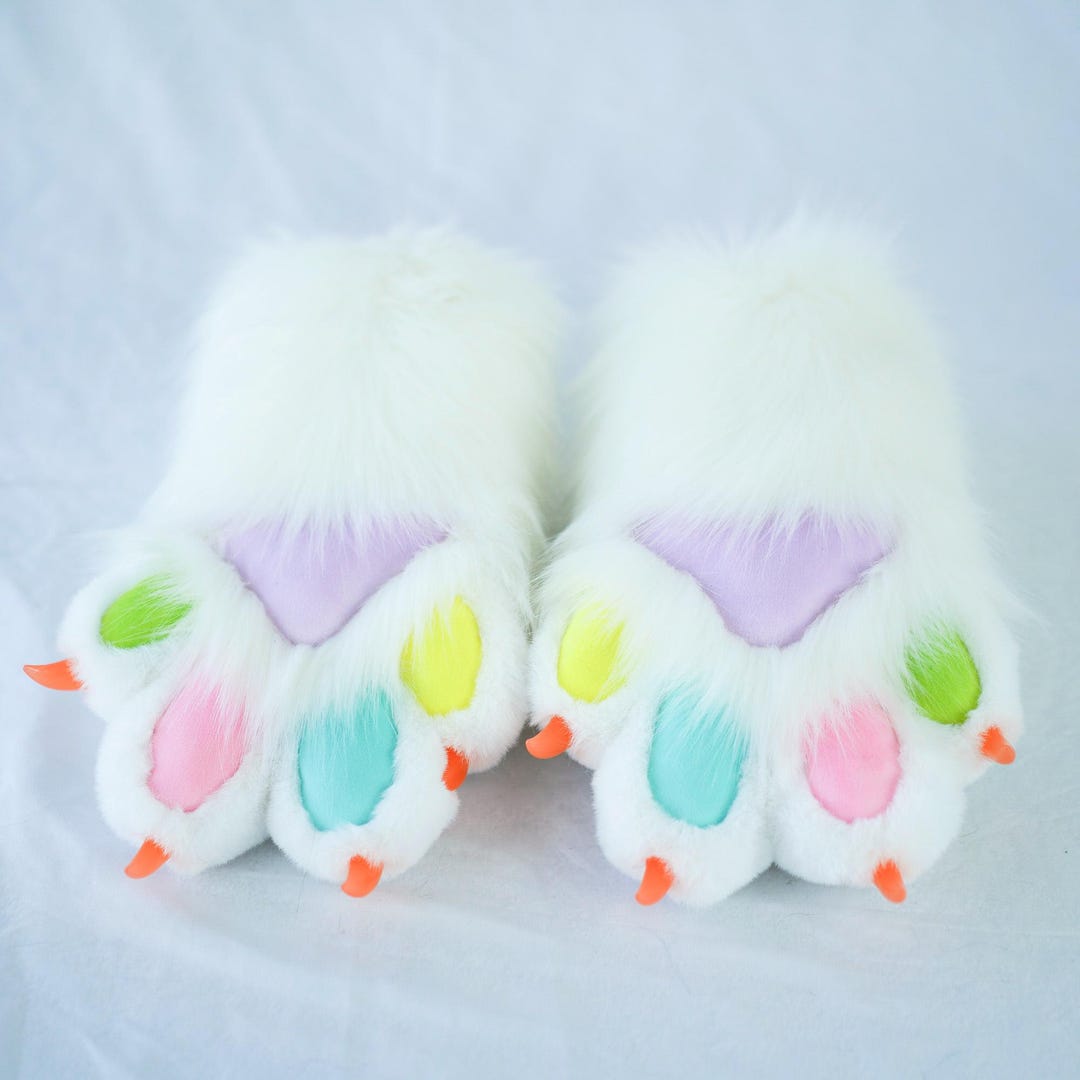 White Furry Hand Paws With Rainbow Pad | Fluffy Fursuit Partial Costume ...