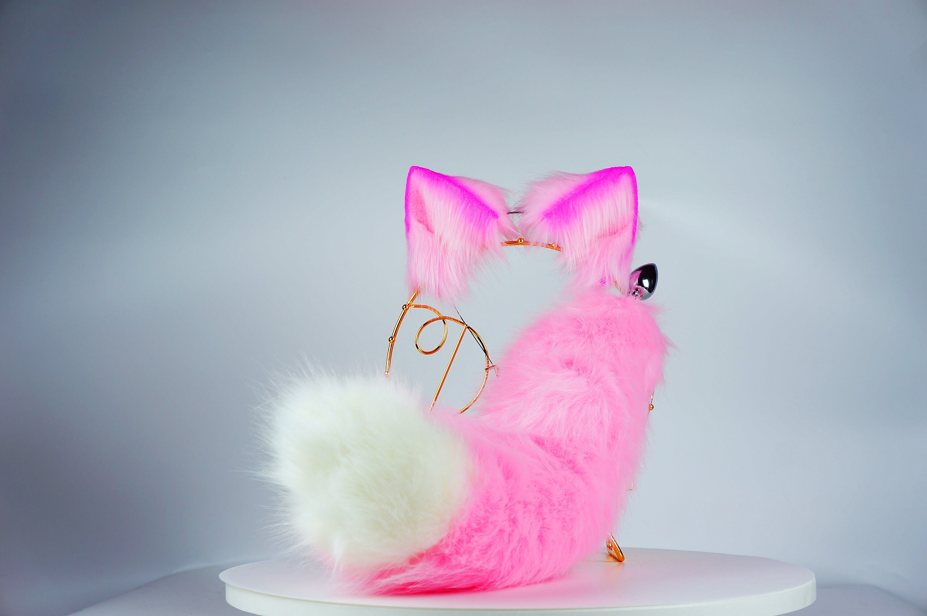 Pink White Cat Ear and Tail Set Faux Fur Ear Wolf Tail and Ear - Etsy