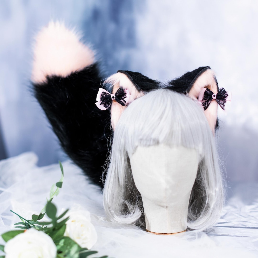 Black&sakura Pink Cat Ears Headband Furry Kitty Ears Tail Set Furry Cosplay Equipment Headband ...