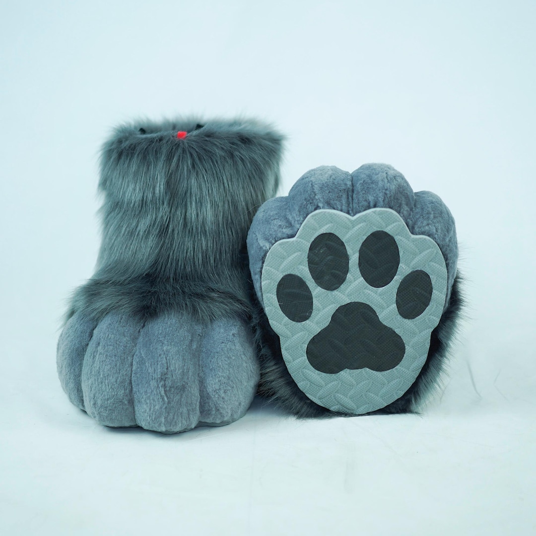 Fursuit Grey Feet Paws Outdoor Shoes | Soft Faux Fur Paw Slippers With ...