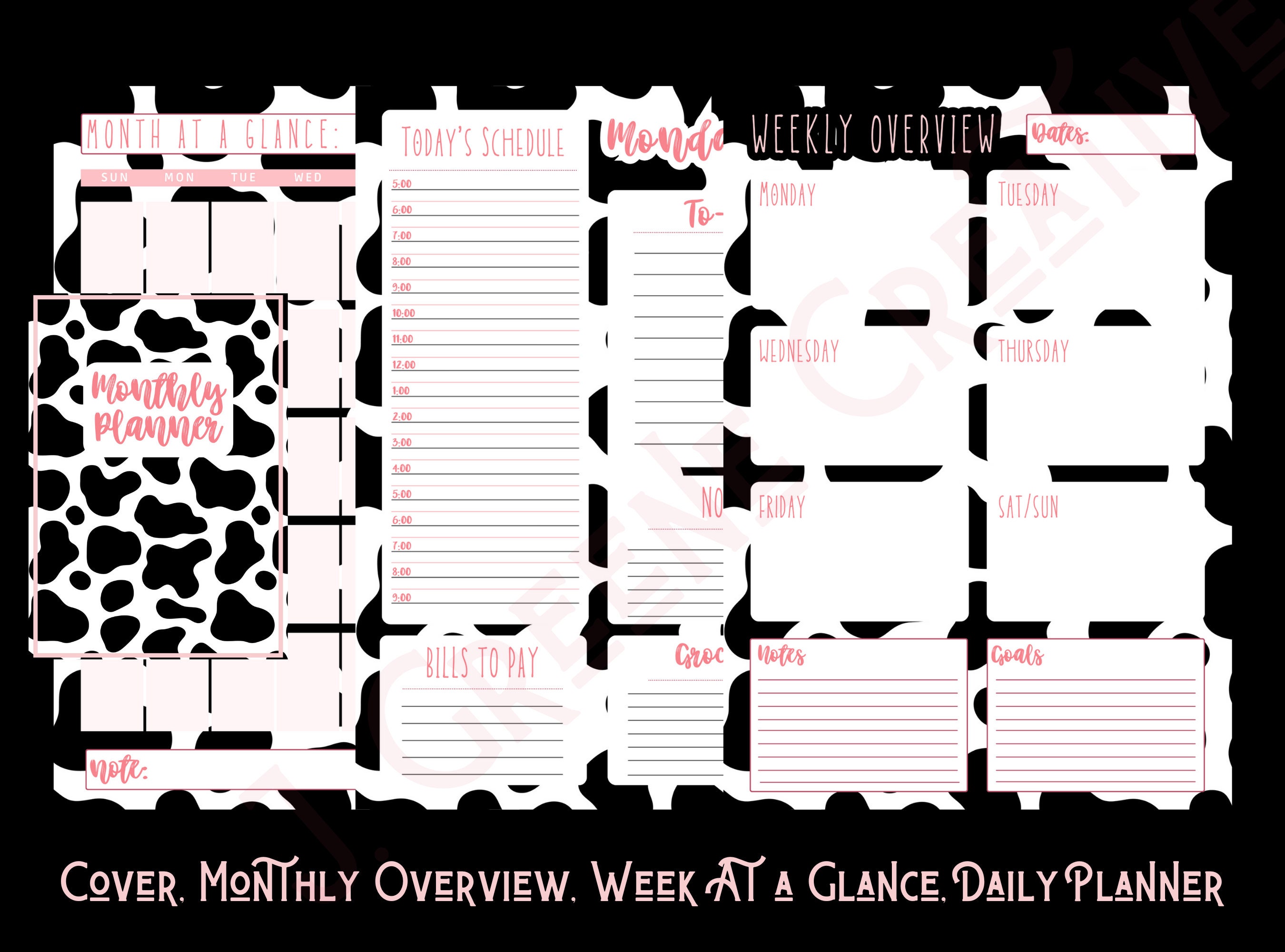 Planner A5 Strawberry Milk Cow Print Monthly, Weekly, Daily Organizer ...