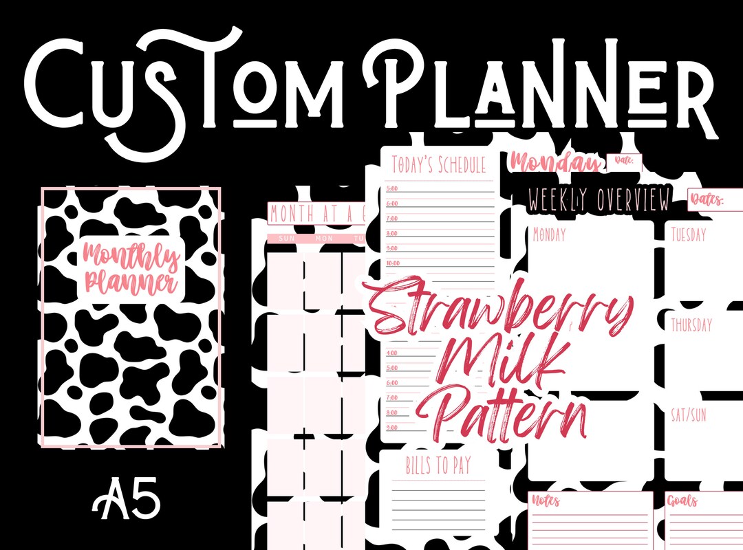 Planner A5 Strawberry Milk Cow Print Monthly, Weekly, Daily Organizer ...