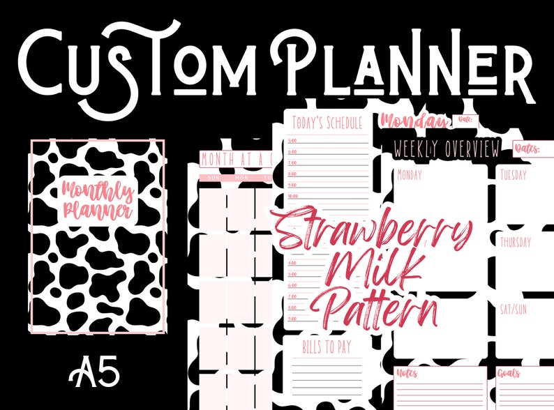 Planner A5 Strawberry Milk Cow Print Monthly, Weekly, Daily Organizer ...