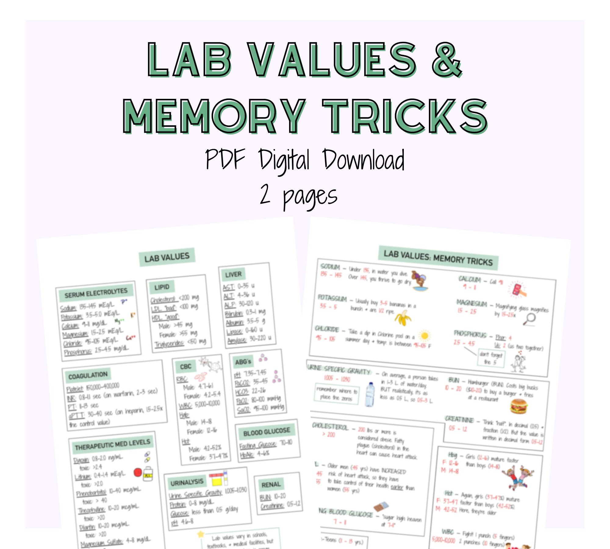 Lab Values & Memory Tricks Fundamental Nursing Notes NCLEX - Etsy