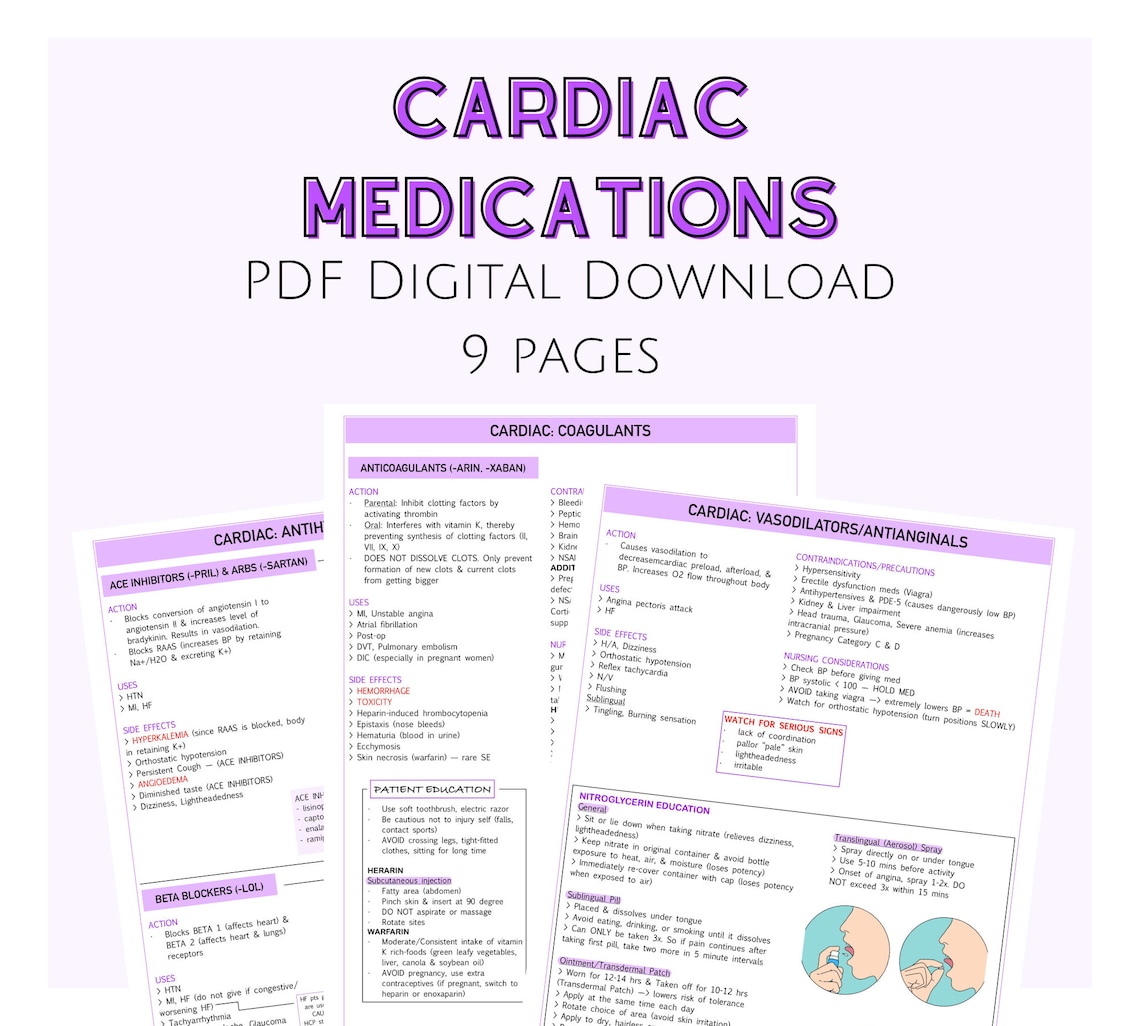 Cardiac Medications, Pharmacology Nursing Notes, Cardiac Pharmacology ...