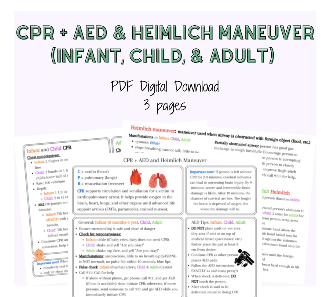 CPR and AED Heimlich Maneuver First-aid Nursing Notes - Etsy