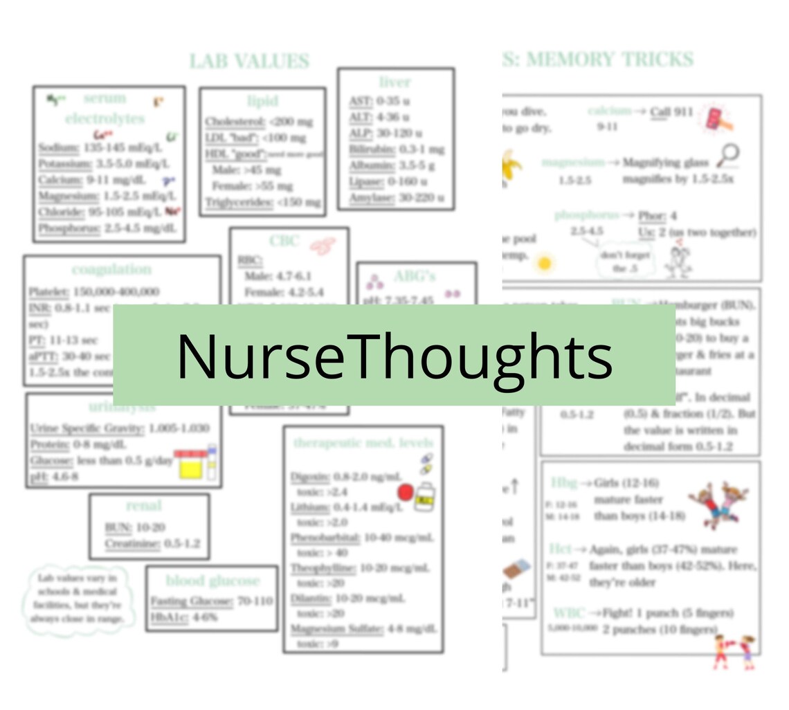 Lab Values & Memory Tricks Fundamental Nursing Notes NCLEX - Etsy