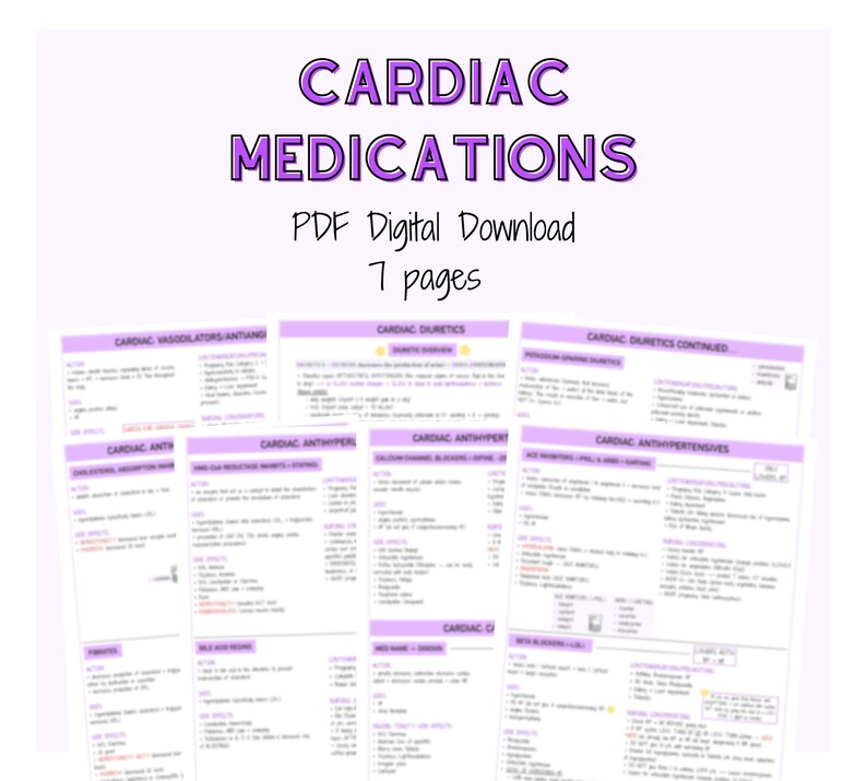 Cardiac Medications Pharmacology Nursing Notes Cardiac - Etsy