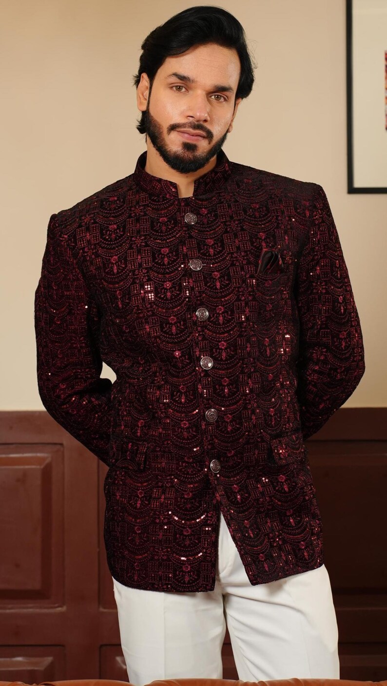 Maroon Embroidered Velvet Jodhpuri Suit: Indian Wedding Outfit - Etsy