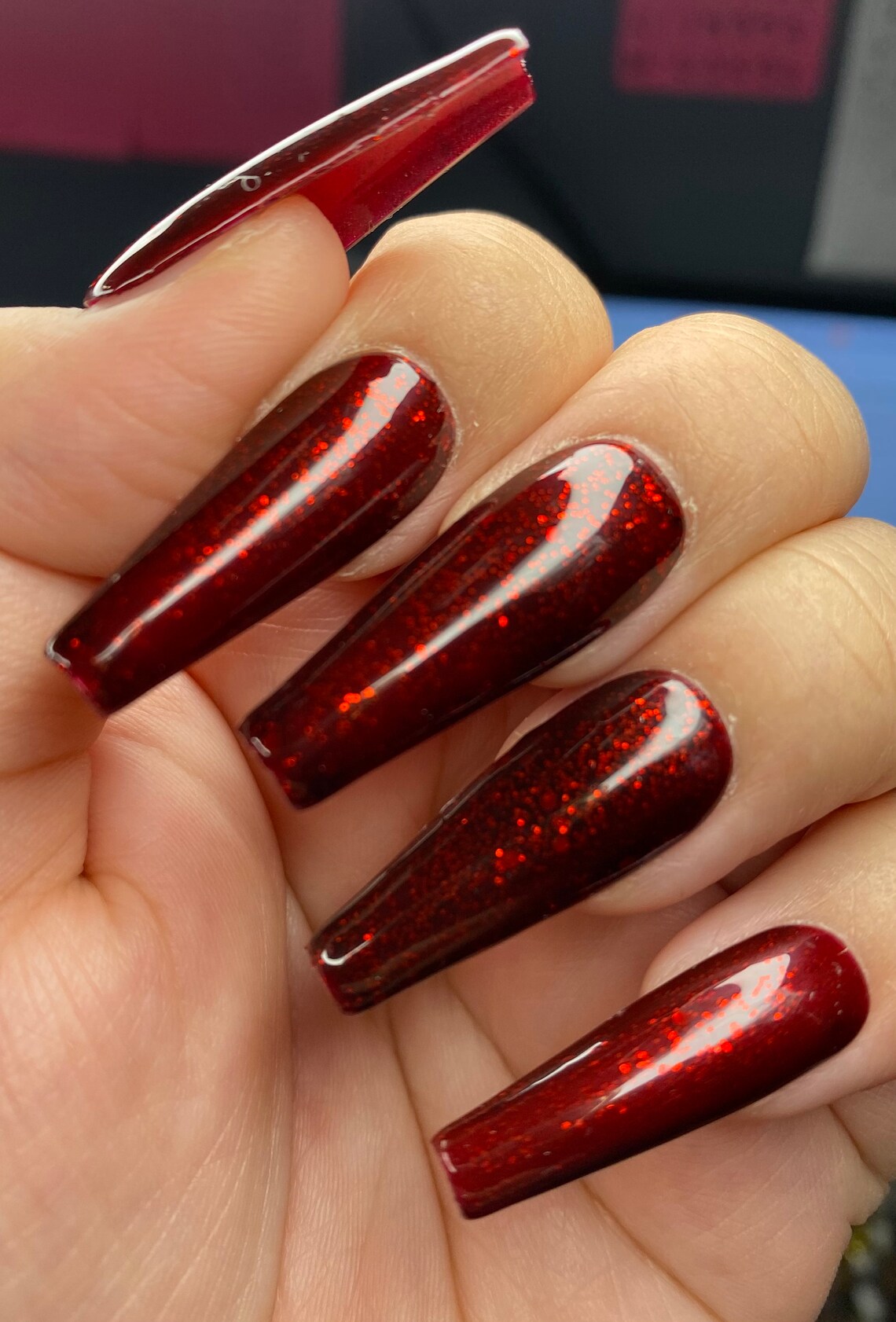 Ruby Red Glitz Glitter Nails-styled in Long Ballerina - Etsy